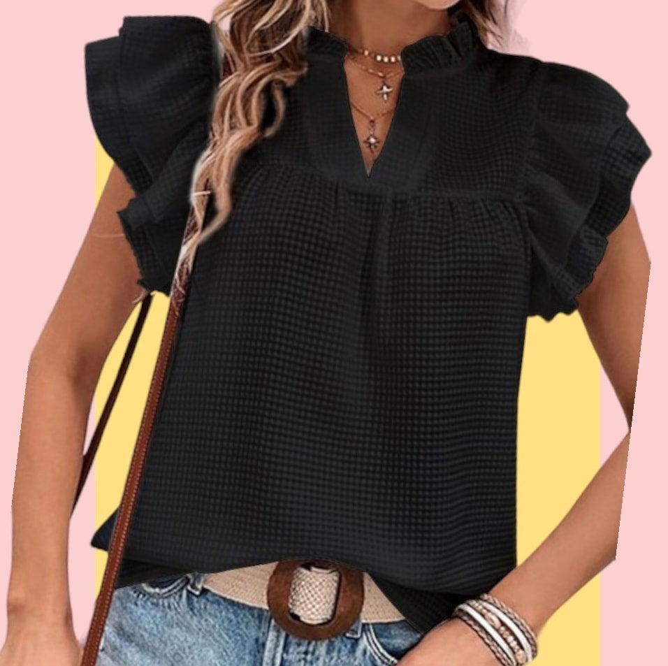 Kelley Black Ruffle Notch Neck Blouse | Clover Line Designs Boutique